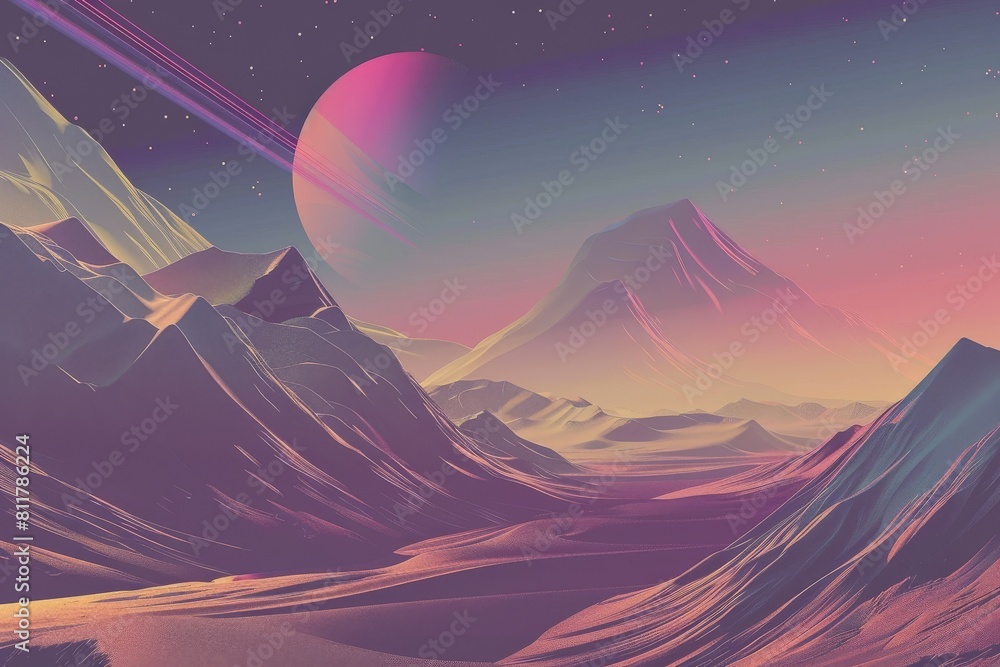 Mars-like desert landscape under a large ringed planet. Vivid space ...