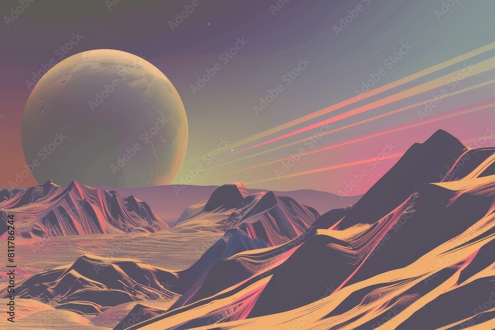 Mars-like desert landscape under a large ringed planet. Vivid space ...