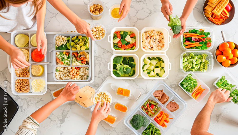 showing a family-style meal prep session at home, with various family ...