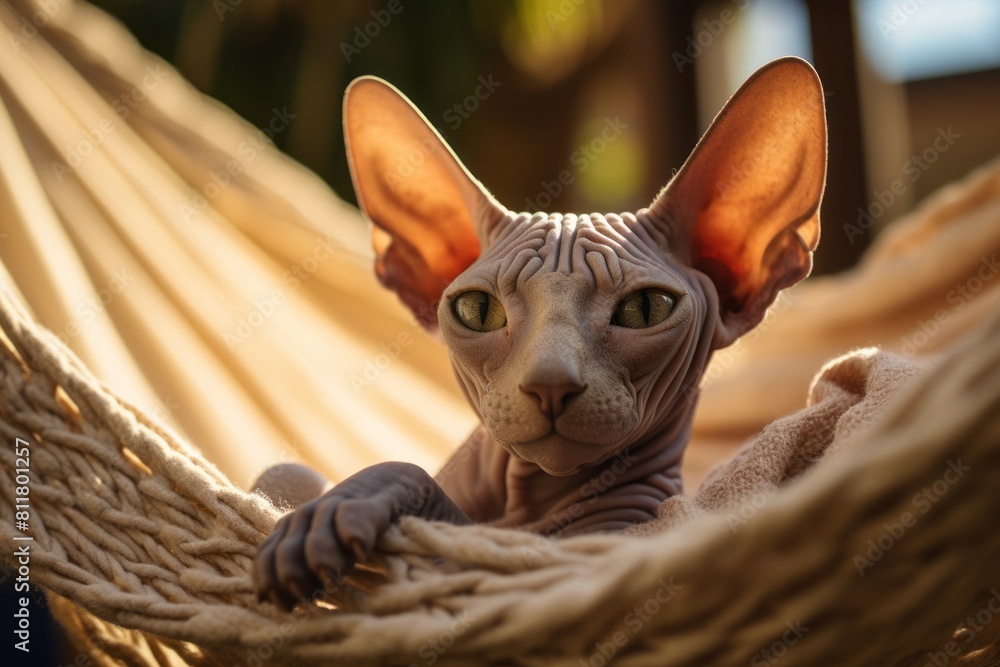 Lifestyle portrait photography of a curious sphynx cat skulking in ...