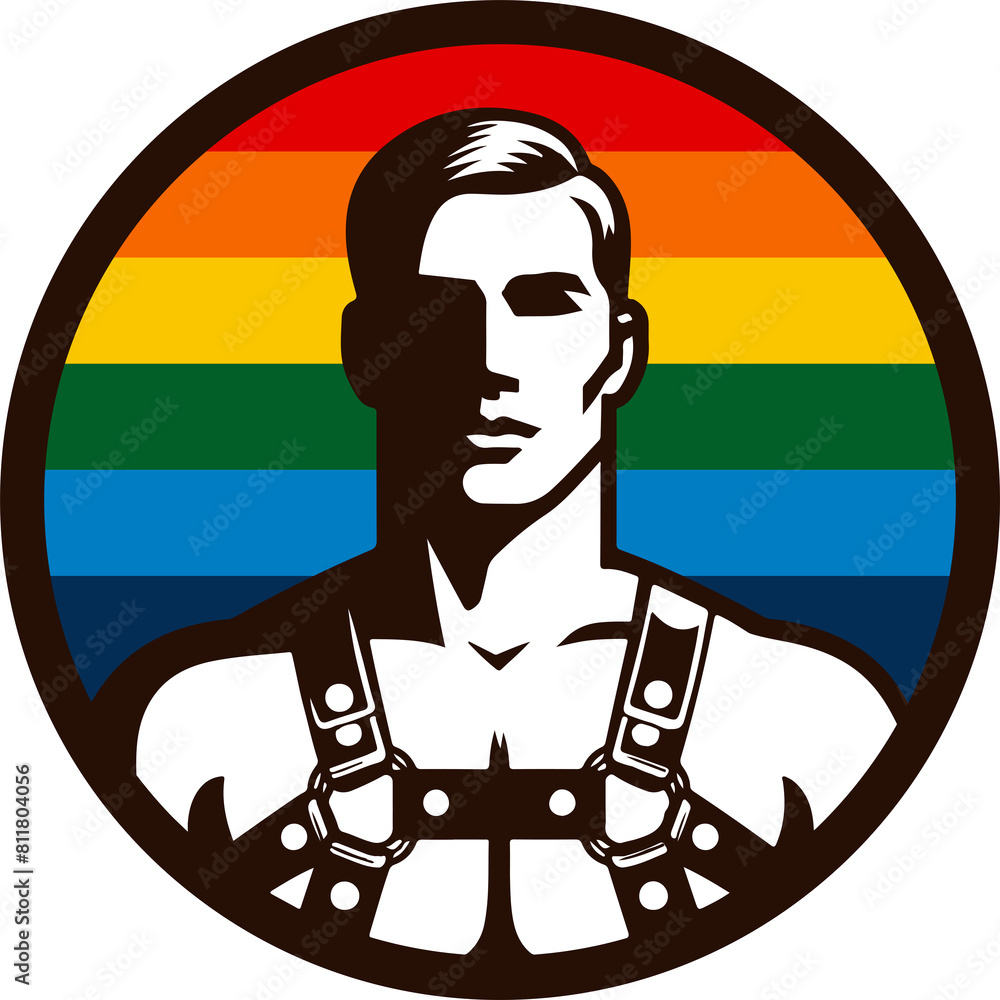 Round icon, logo: a muscular gay guy in a leather harness on the ...