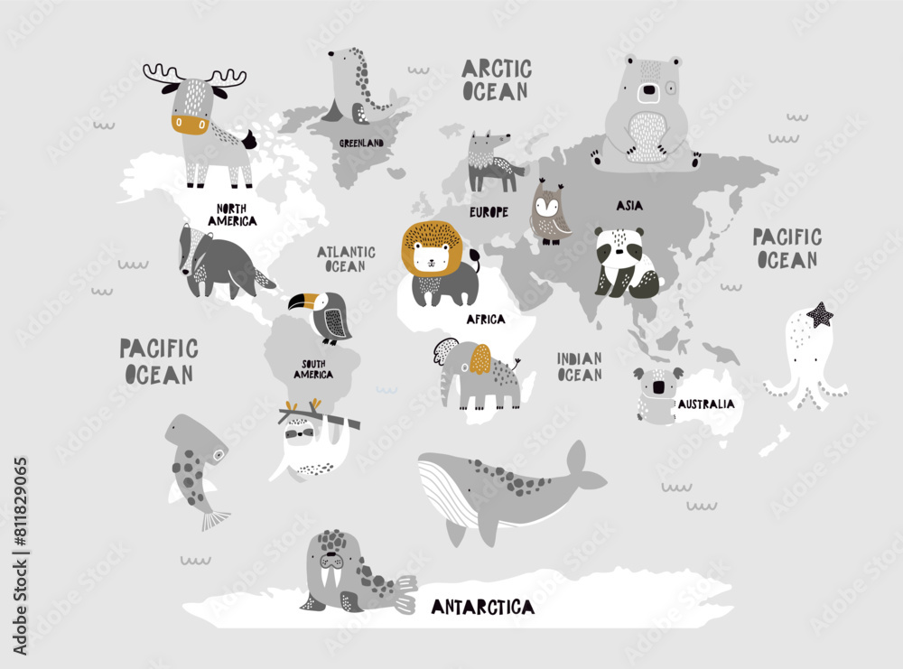 Vector world map for kids with cute animals. Children's map design for ...