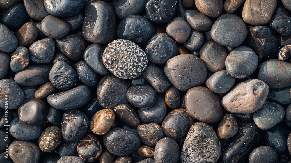 Round, smooth pebbles in a texture. Sea beach with dark wet pebbles and ...