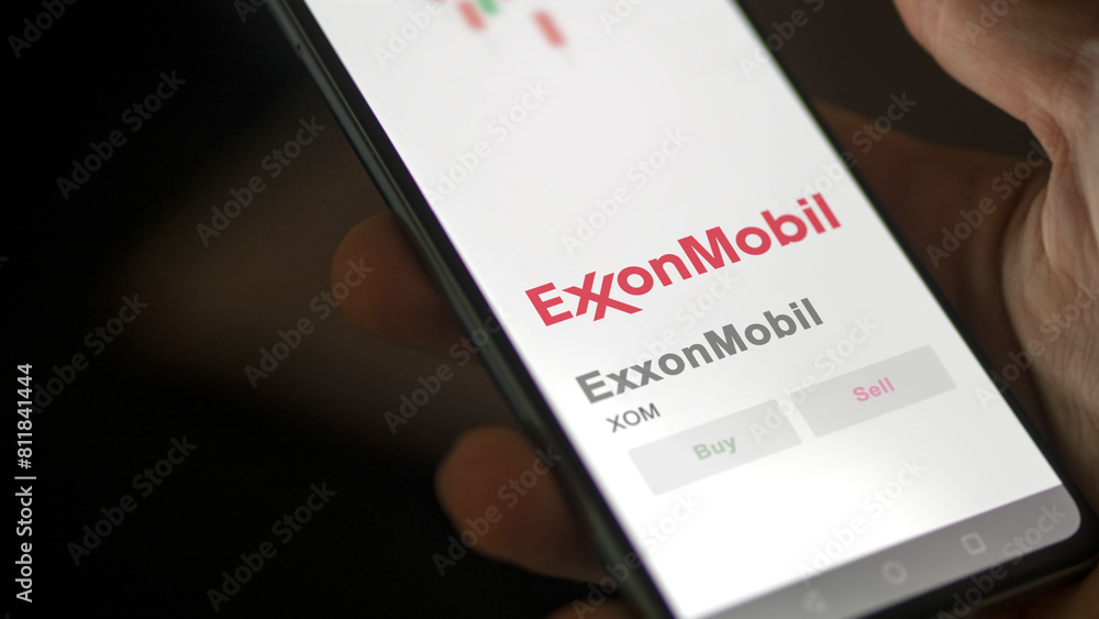 April 09th 2024 , Irving, Texas. Close up on logo of ExxonMobil on the ...