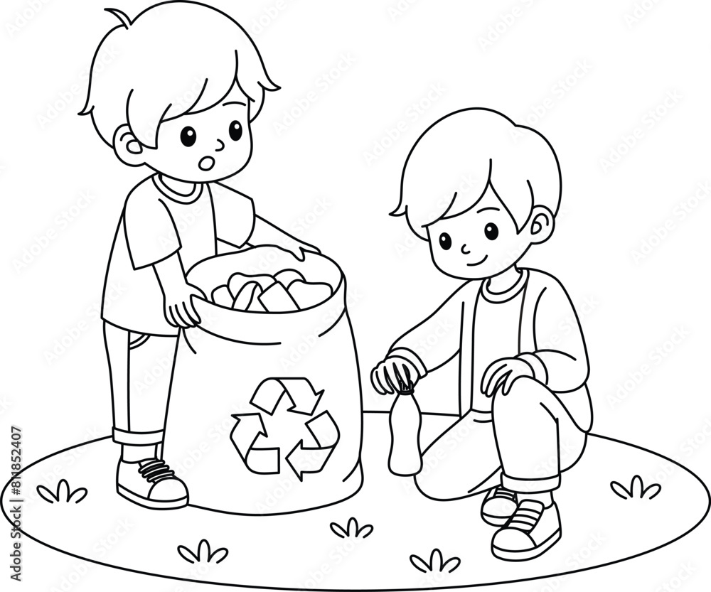Cute kawaii eco friendly kids collecting waste coloring page. Boy, girl ...