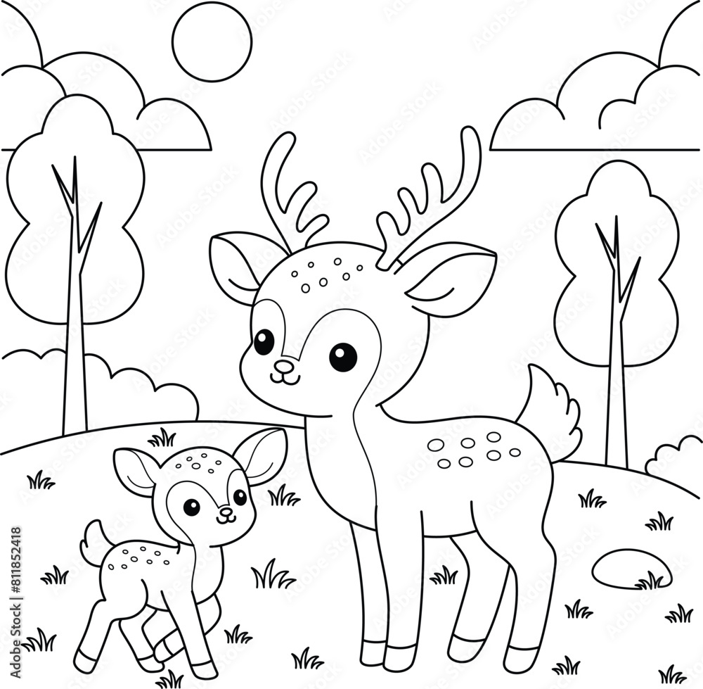 Cute kawaii deer and baby cartoon character coloring page vector ...