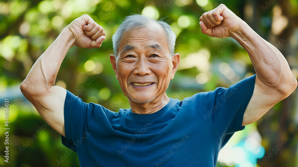 Smiling elderly patient Asian man flexing muscles and looking at camera ...