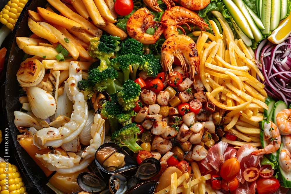 Tantalizing top view of a sizzler plate filled with an array of vibrant ...