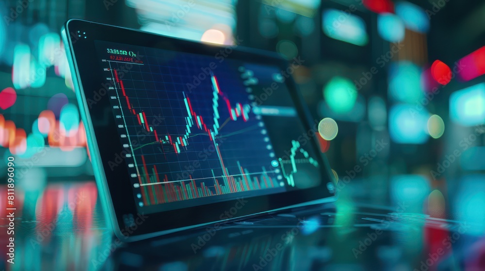 Tablet screen showing a 3D virtual growth arrow financial graph ...