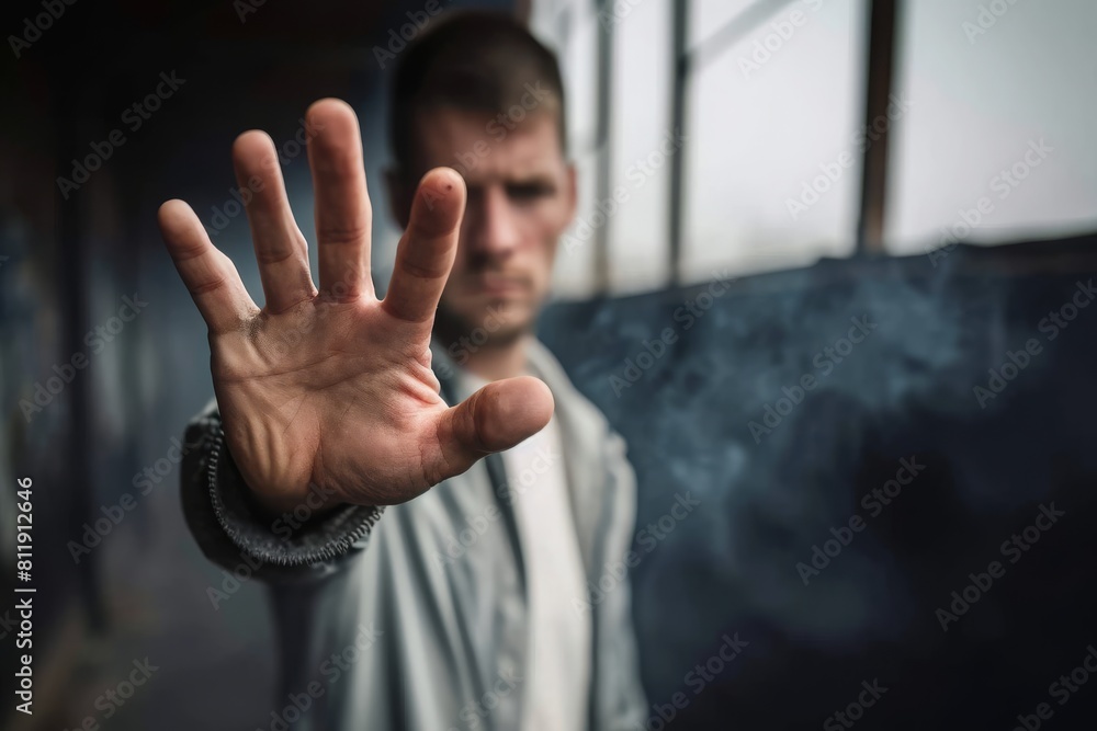 Young man showing STOP sign with his palm Close-up of a young man ...