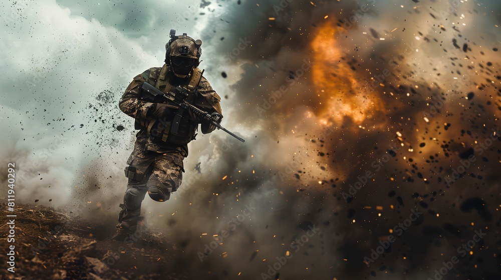 Soldier in Tactical Gear Throwing Grenade Towards Enemy Bunker in Smoke ...