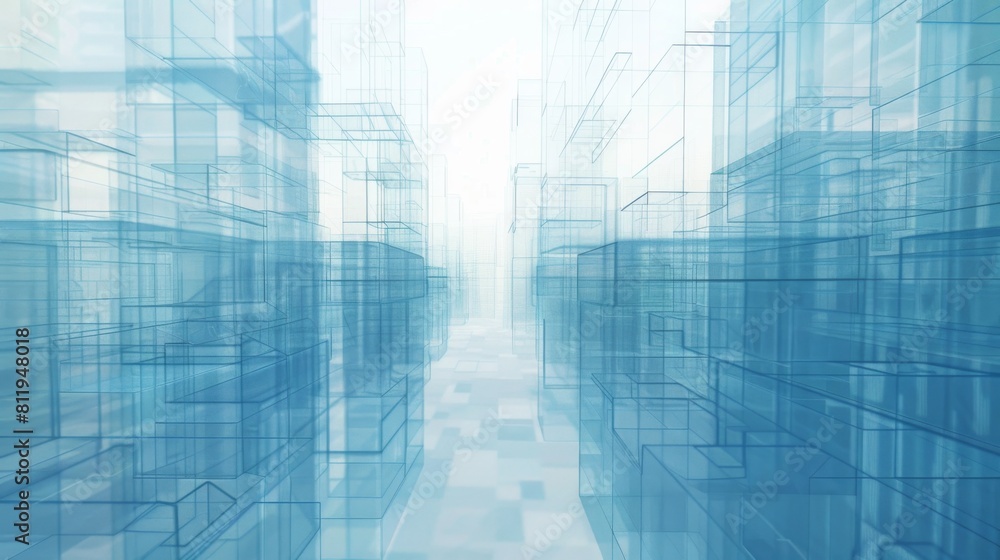 Line-based translucent graphics with street scenery, block buildings ...