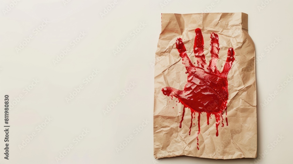 A paper bag resembling a bloody handprint is showcased against a white ...