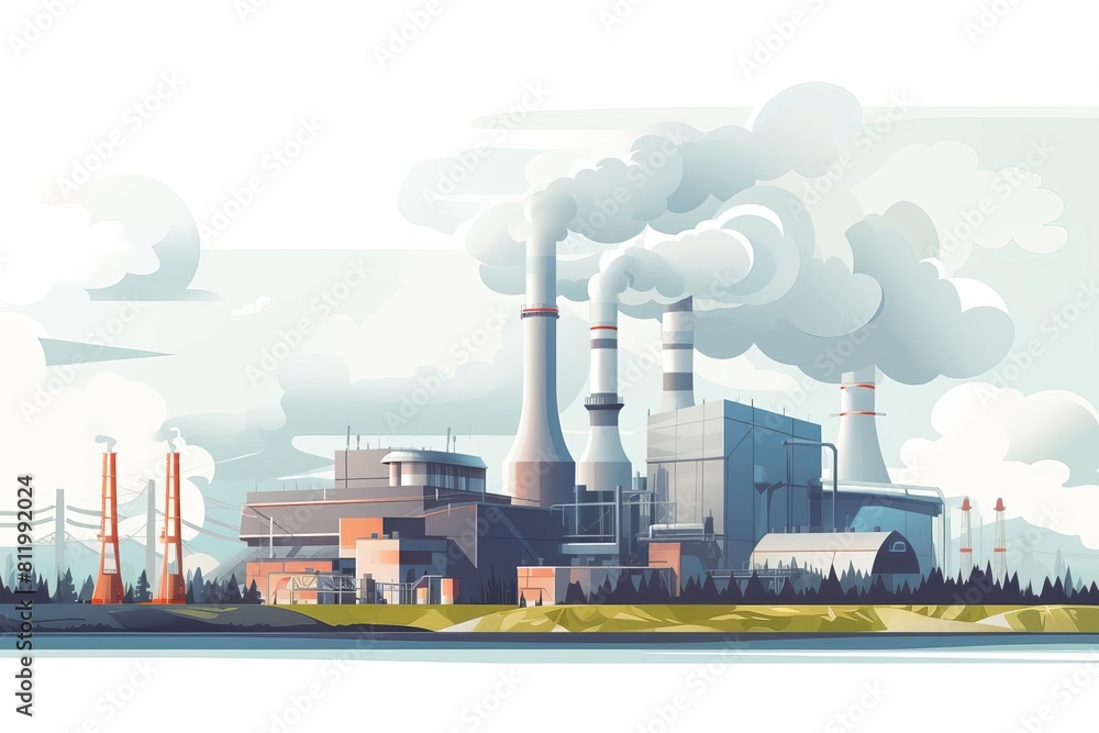 Generate a flat design concept of a power plant operation in side view ...