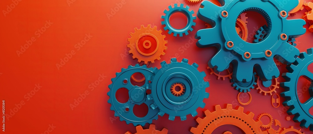 blue and orange gear elements on the wall. Background with copy space ...