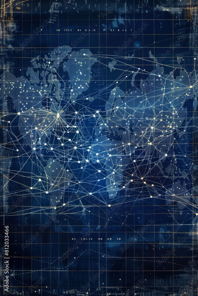 Global network map in blueprint style, major data centers marked, fiber ...