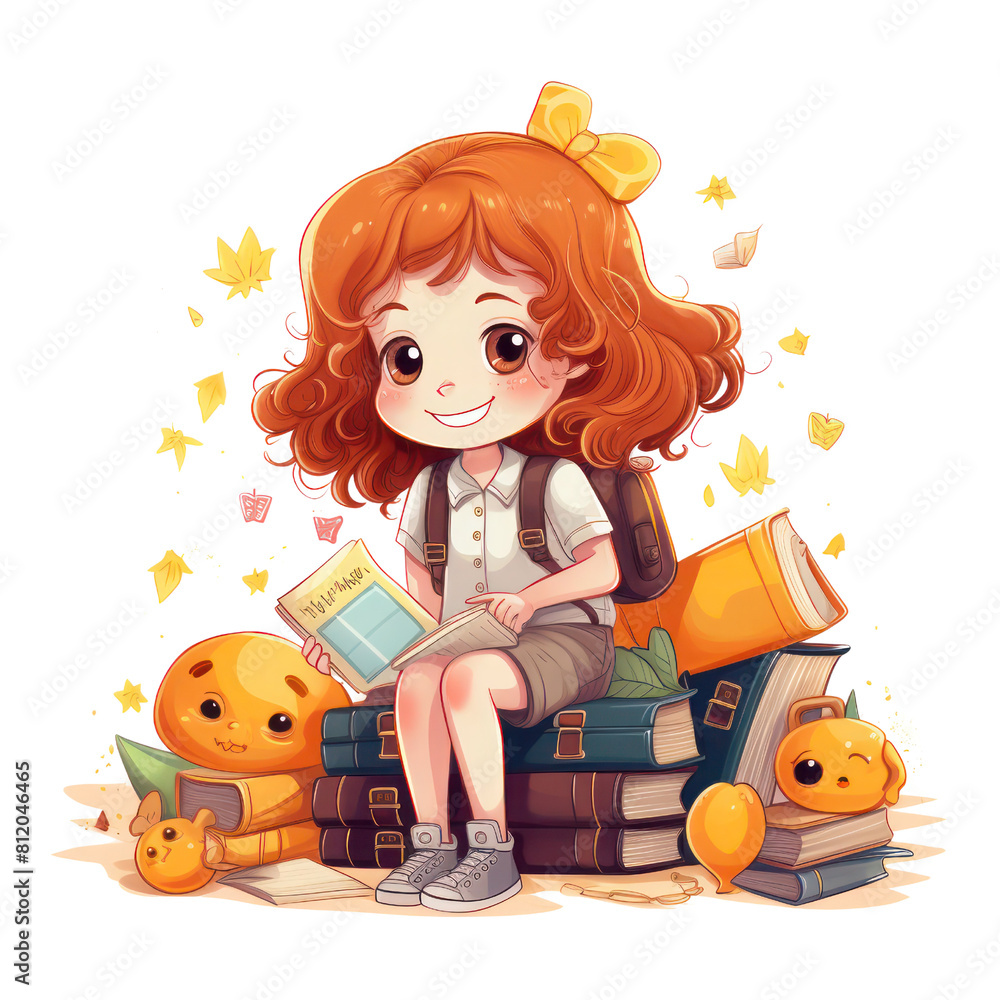 An illustration of a cute chibi girl with orange hair and blue eyes ...