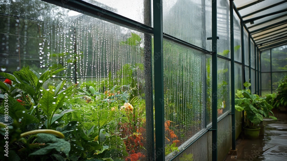 A botanical garden greenhouse in a rainstorm, with large glass panels ...