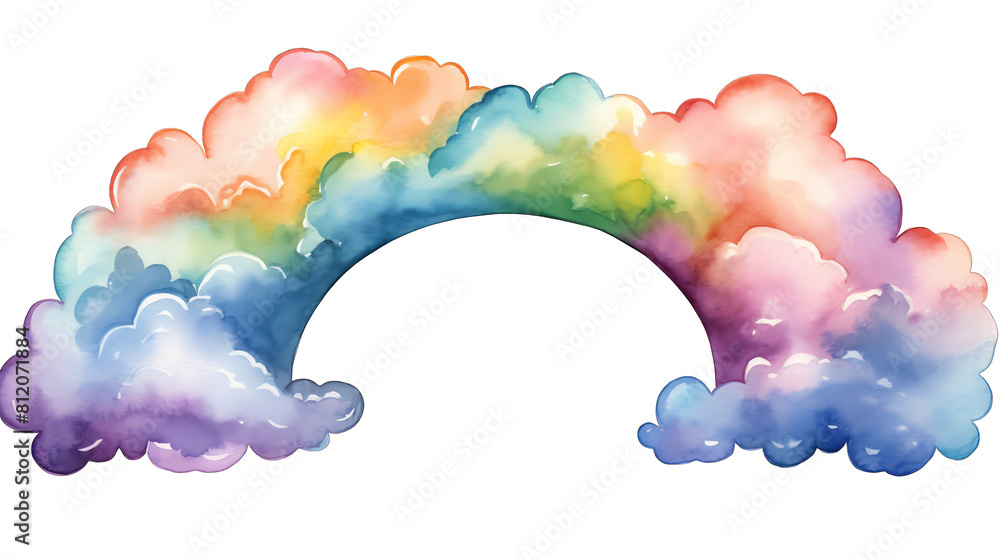 Whimsical watercolor illustration of a cloud shaped frame with rainbow ...