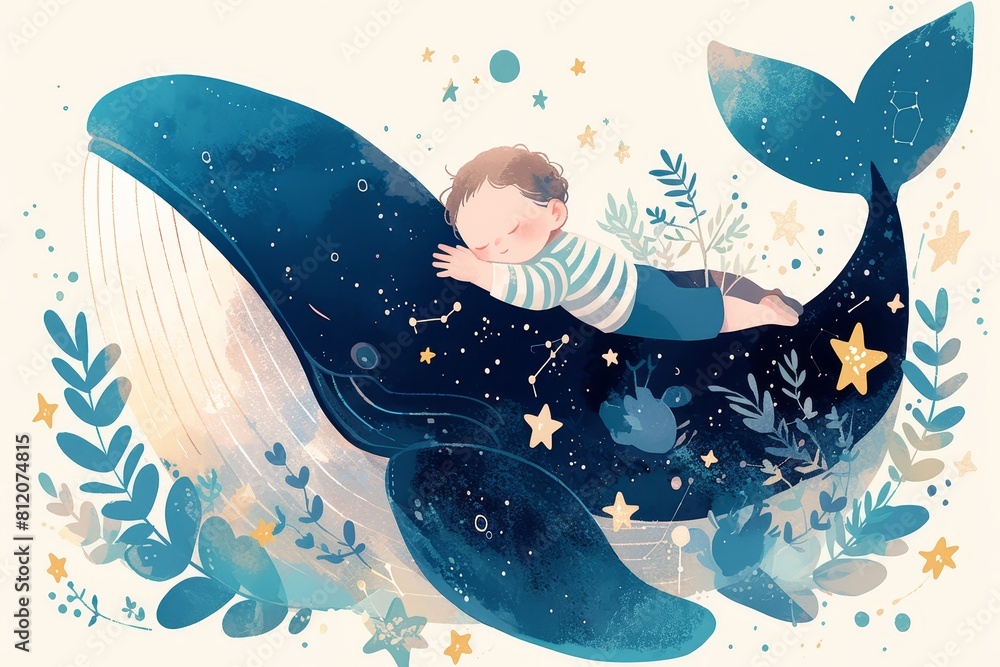 A cute little boy lies on the back of an oversized blue whale sleeping ...