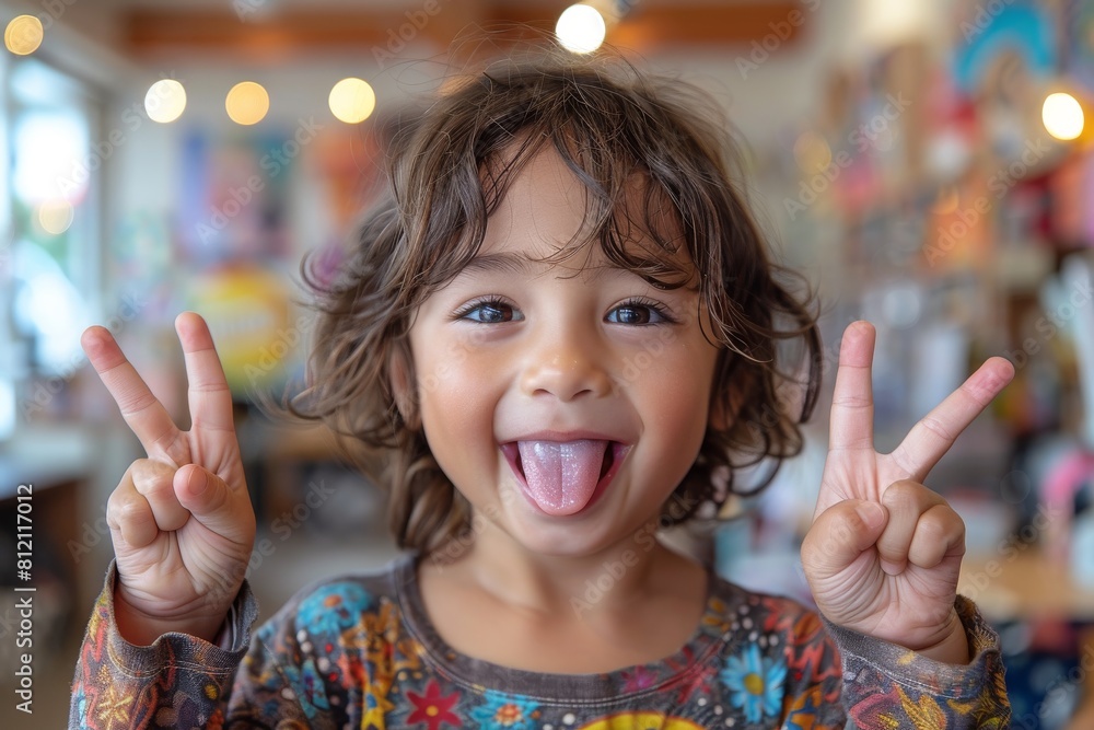 A joyous young girl with curly hair makes peace signs with her hands ...