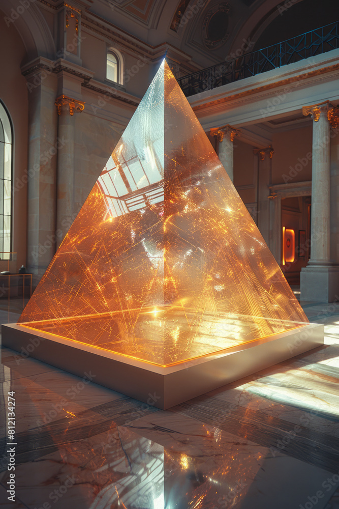 Visualization of a glass pyramid in a museum, reflecting and refracting ...