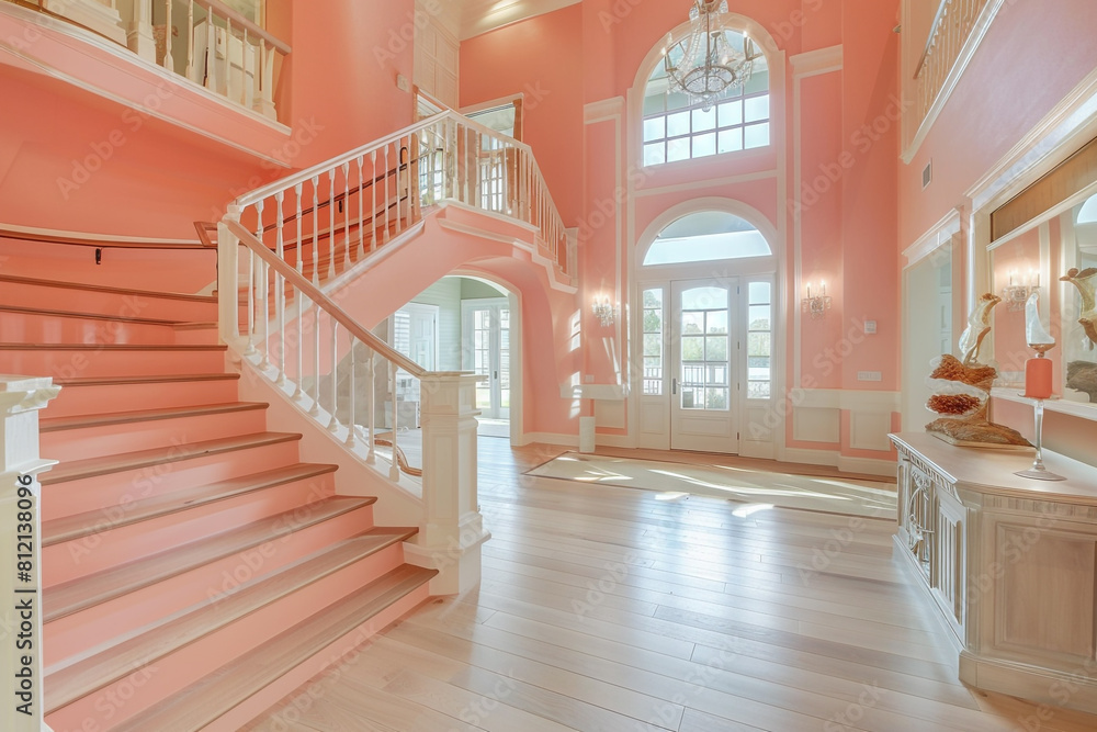 Luxurious home entry with a pastel coral staircase expansive front door ...