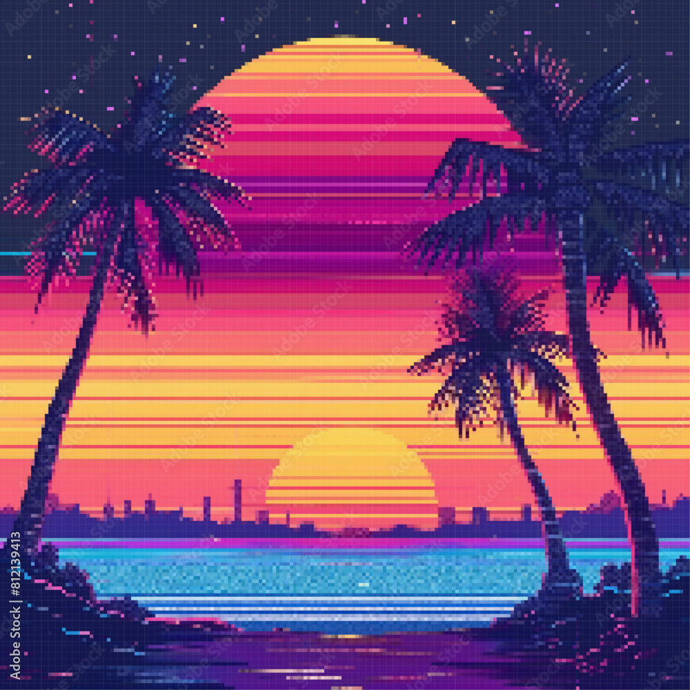 Pixel beach sunset sunrise with palm trees. Sun reflection in water ...
