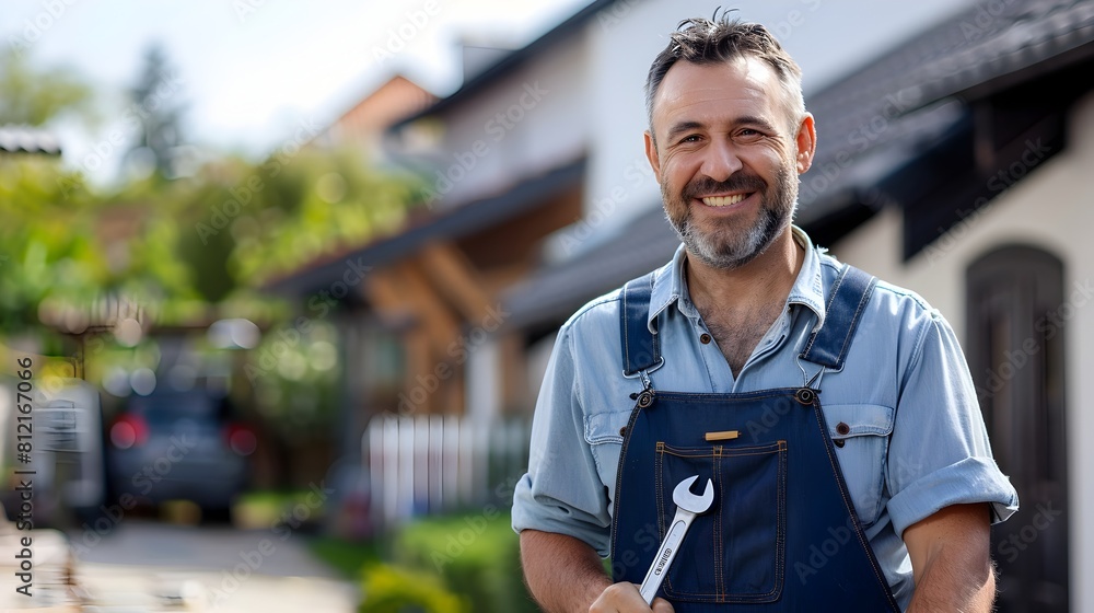 Friendly Middle Aged Plumber in Overalls Holding Wrench with Blurred ...