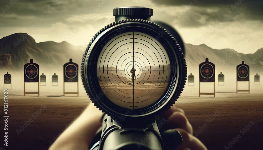 rifle scope aimed at a target in a desert shooting range Stock ...