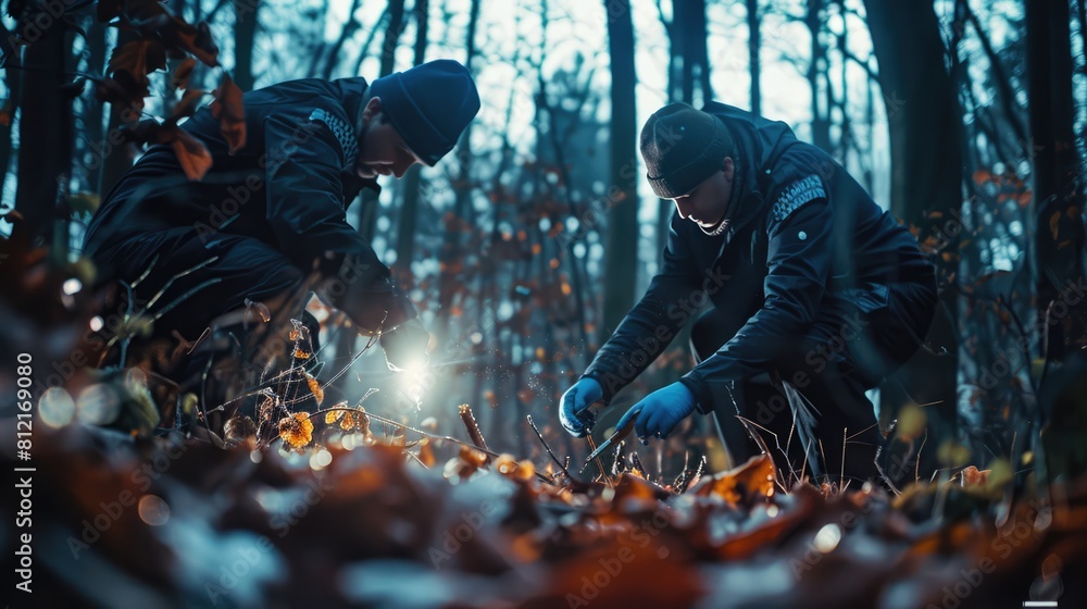 Detectives collecting evidence in a crime scene. Forensic specialists ...