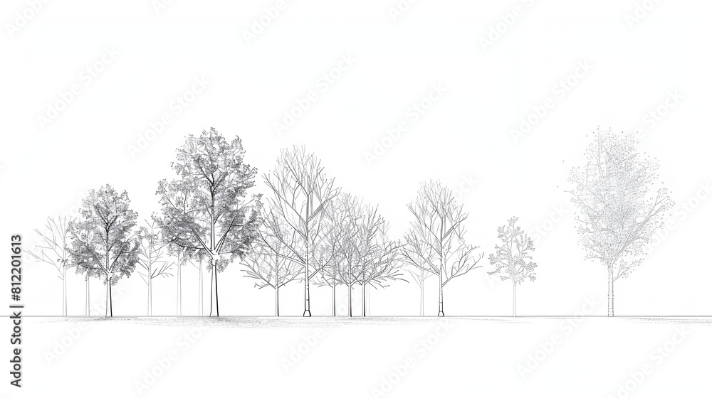 Architectural Drawings, Minimal style cad tree line drawing, Side view, set of graphics trees ...