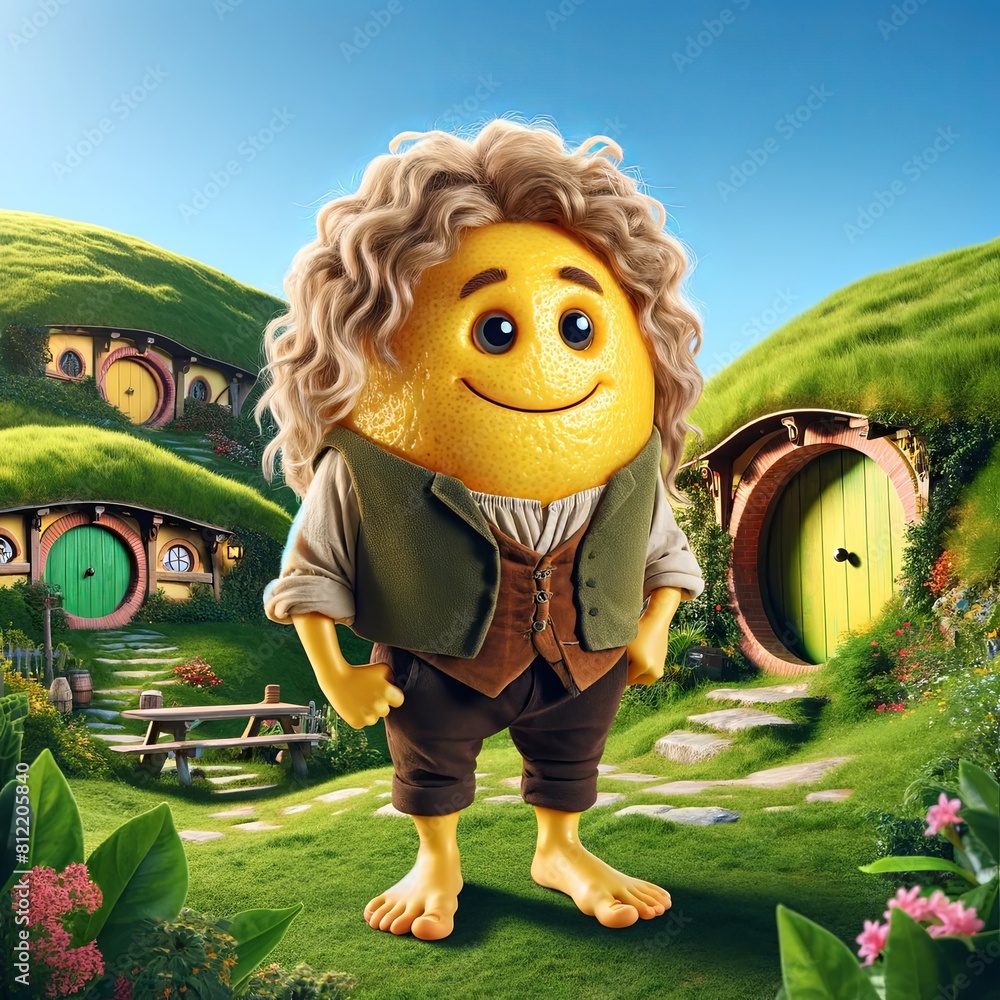 A cartoon lemon character dressed as a Hobbit, with curly hair and bare ...
