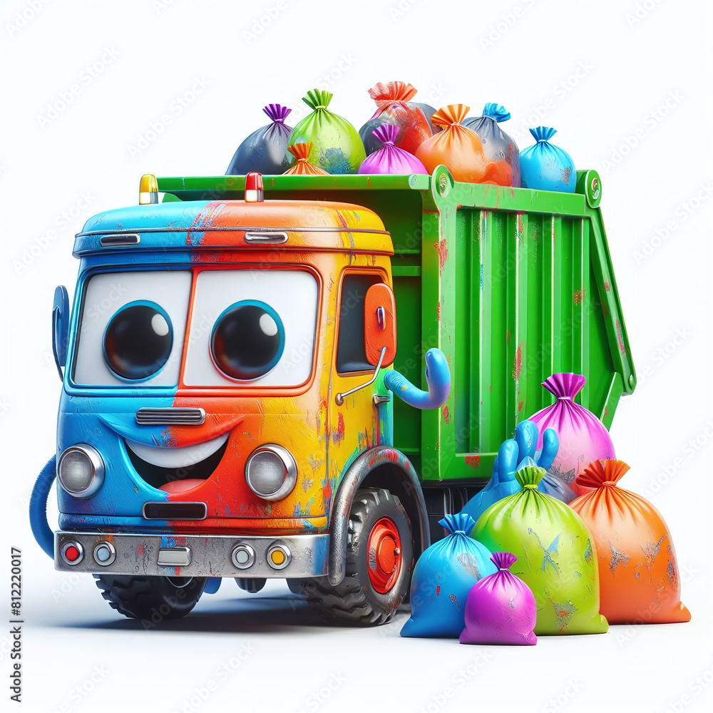 cartoon illustration of cute colorful happy garbage truck on white ...