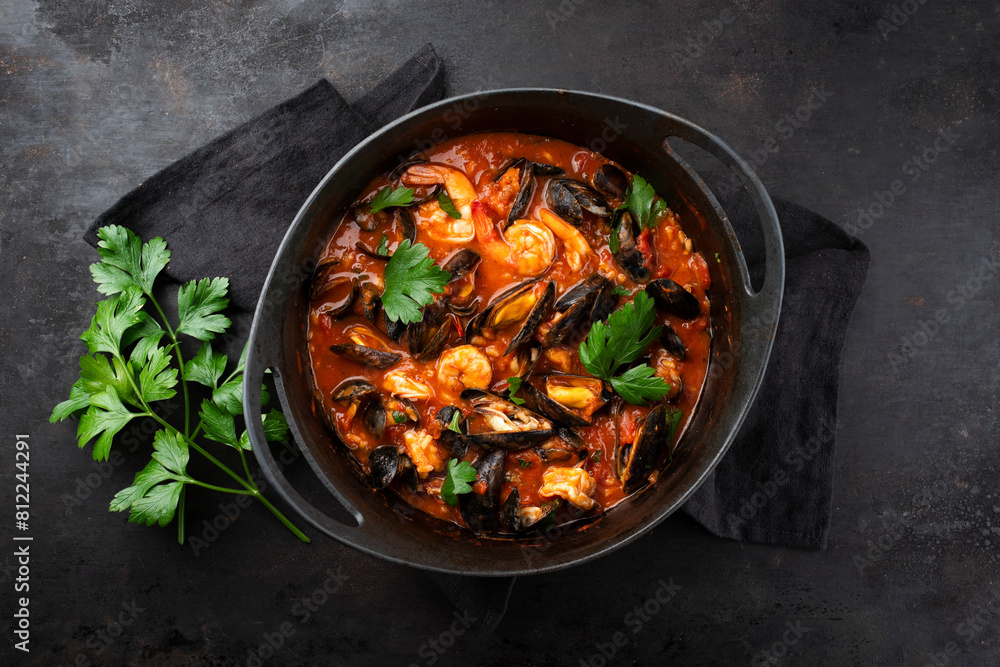Traditional Creole cajun court bouillon with mussels and prawn gumbo ...