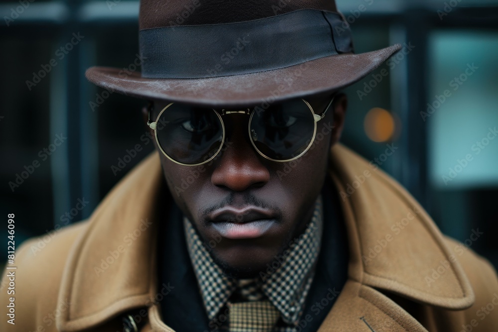 Mysterious Black man dressed detective. Mafia suit hat detective male ...