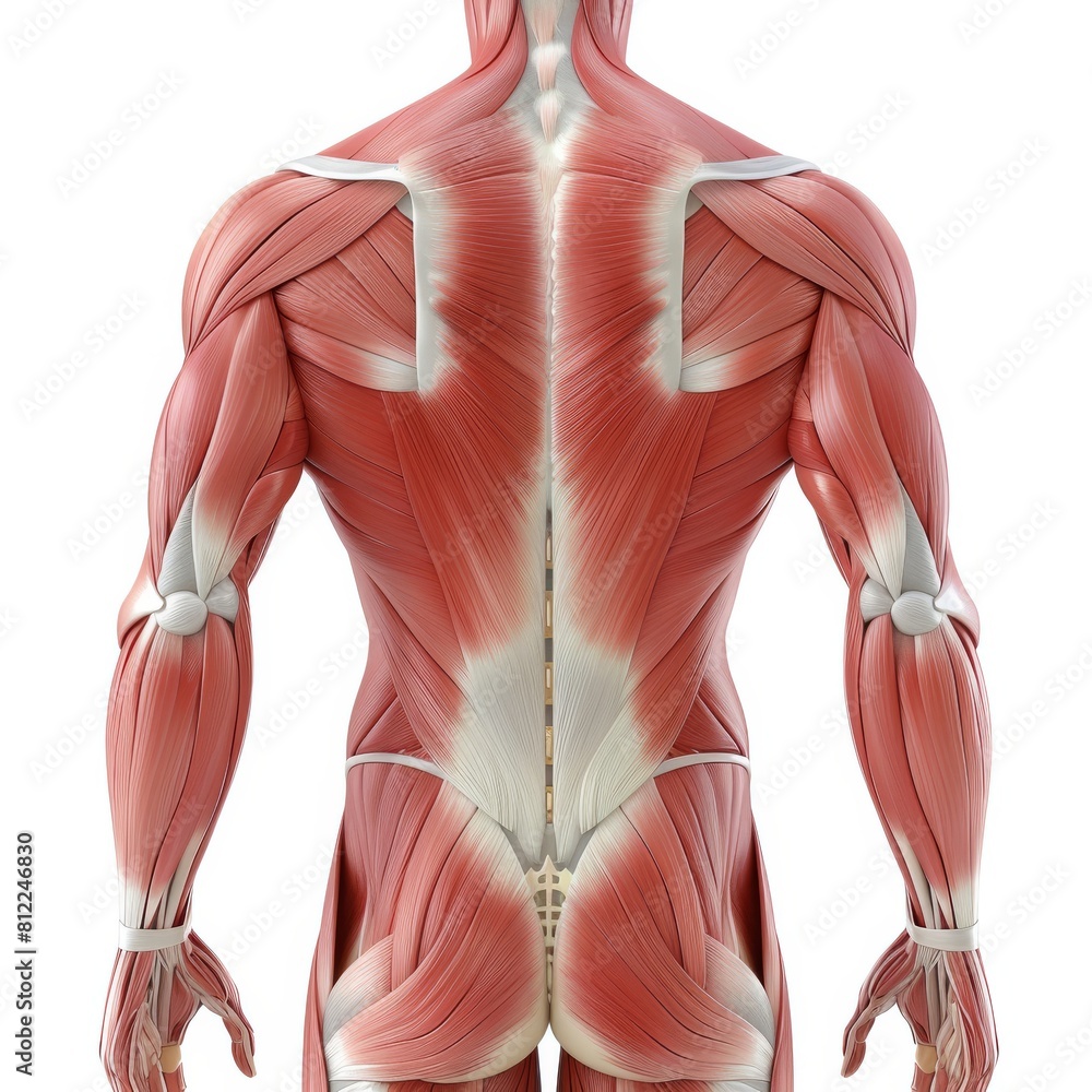 3D realistic illustration of the back muscular system on a white ...