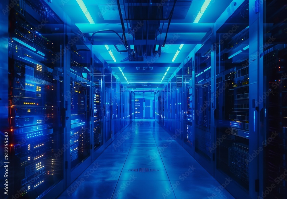 Visualization Of Iot Data Flow And Digitalization In A Dark Server Room With Modern Racks