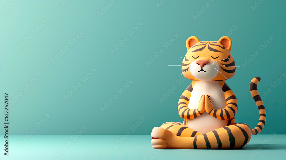 3D cartoon style cute tiger sitting in meditative prayer lotus yoga day ...