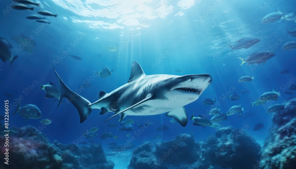 The great White Shark in the ocean, portrait of White shark hunting ...