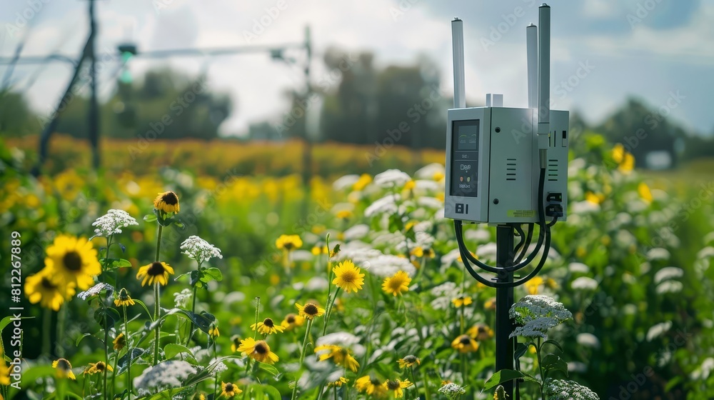 An Iot Agricultural Setup Showing Sensors In A Field Monitoring Crop Health And Environmental