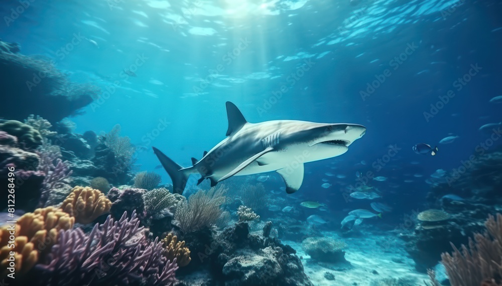 The great White Shark in the ocean, portrait of White shark hunting ...
