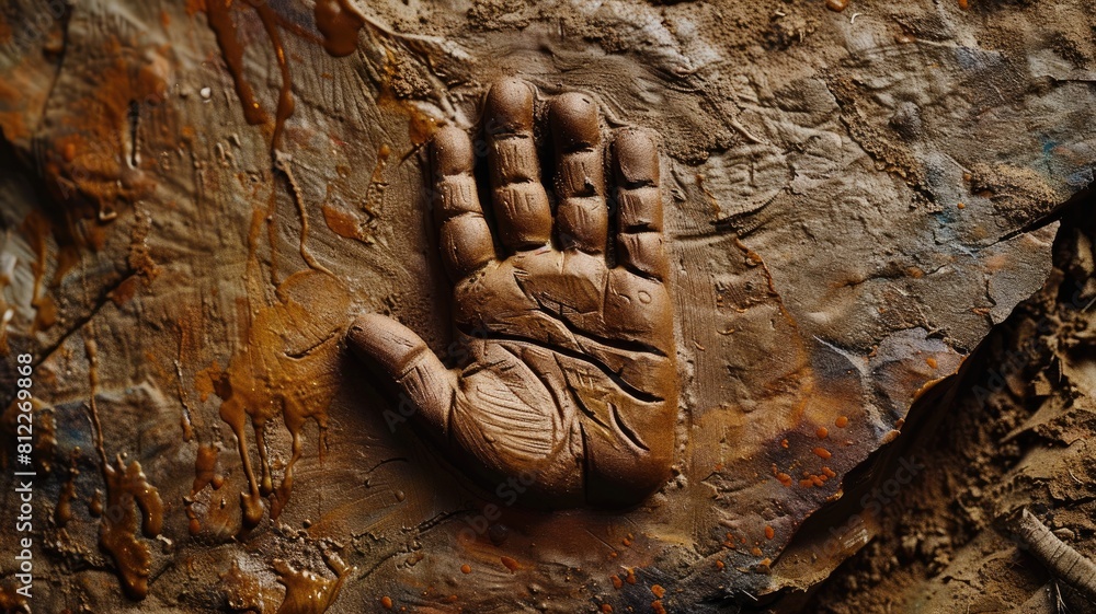 Handprint indentation on muddy surface, showing fine details Stock ...