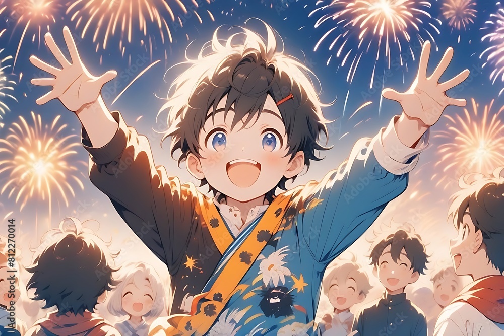 Joyful anime boy with messy black hair and code for eyes celebrates ...