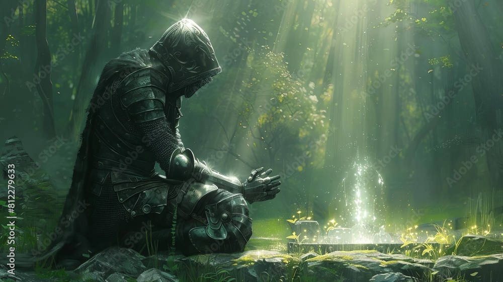 Depict a knight in medieval armor, kneeling before the Holy Grail ...