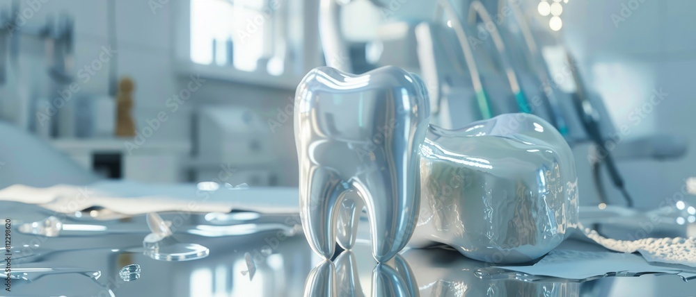 3D tooth model alongside various dental tools on a sterilized clinic ...