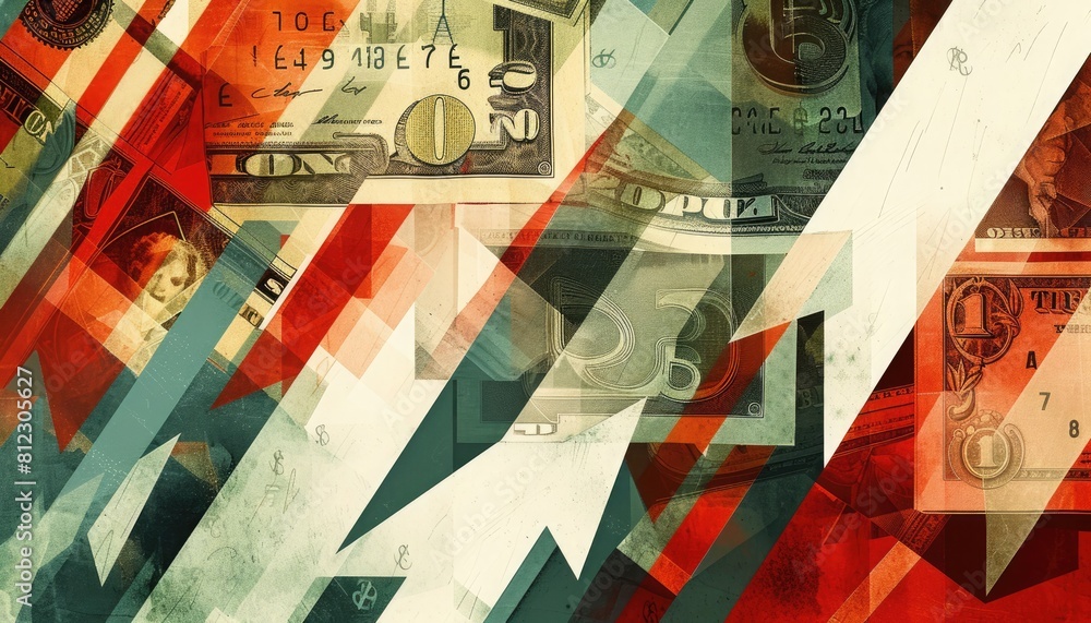 Monetary symbols arranged amid downward arrows hint at financial ...