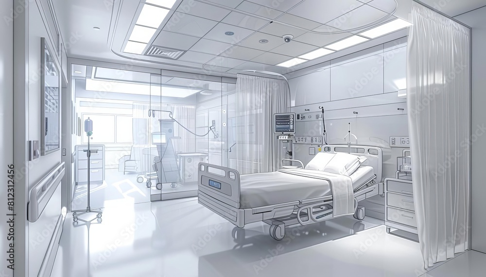 Illustrate a hospital room where a digital twin models patient health ...