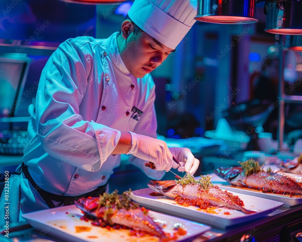 Chef creating flounder dishes at a science fiction convention ...