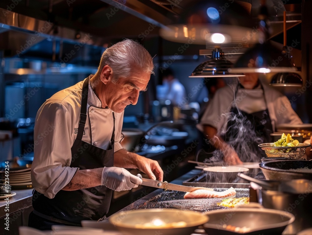Chef preparing flounder at an architecturally significant building ...